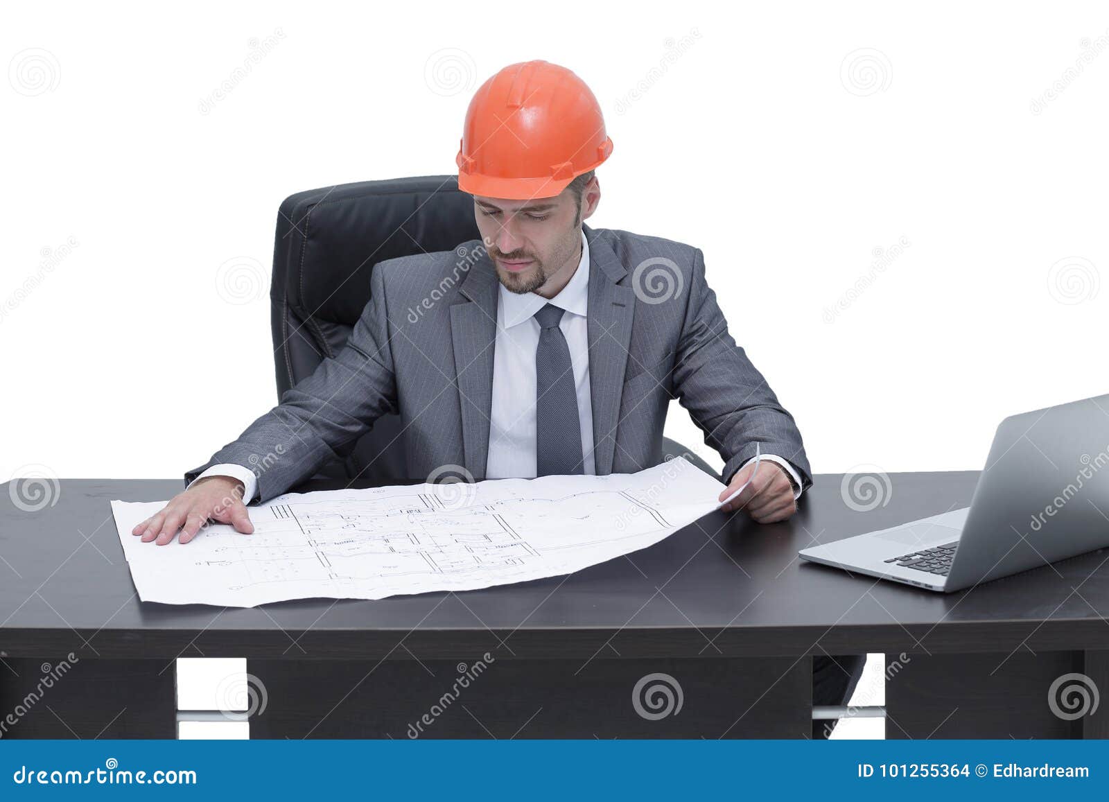 Engineer is Studying the Draft,sitting Behind a Desk Stock Photo ...