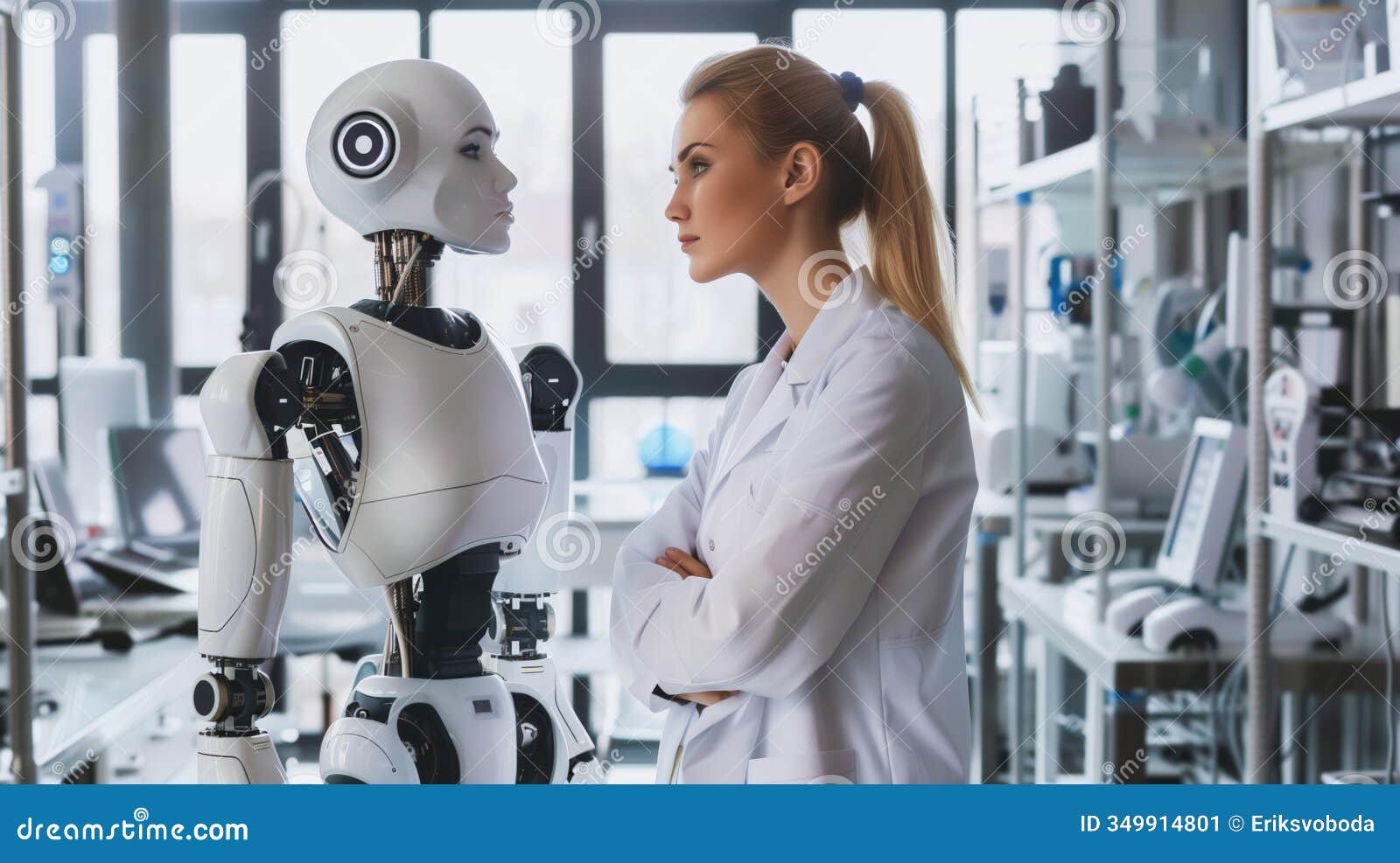 An Engineer is Studying a Humanoid Robot in a High Tech Lab To Explore ...