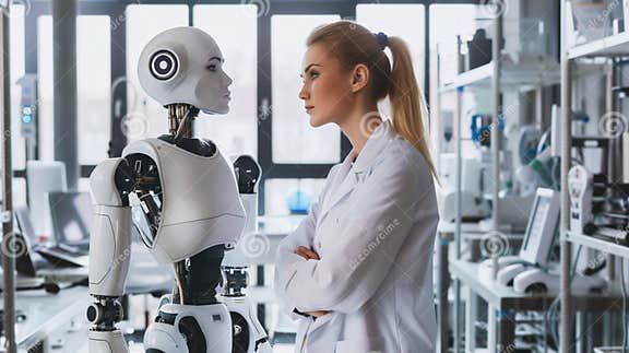 An Engineer is Studying a Humanoid Robot in a High Tech Lab To Explore ...