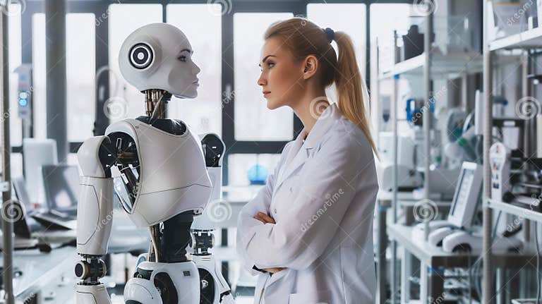 An Engineer is Studying a Humanoid Robot in a High Tech Lab To Explore ...