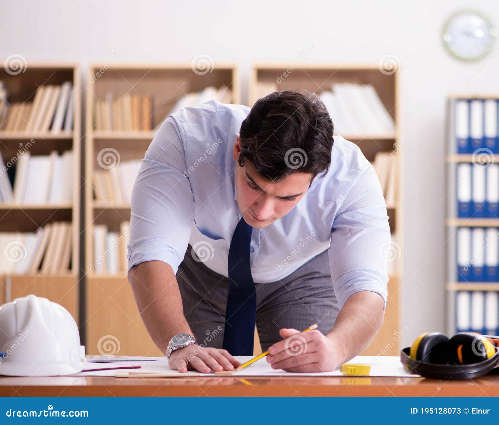 Engineer Supervisor Working on Drawings in the Office Stock Image ...