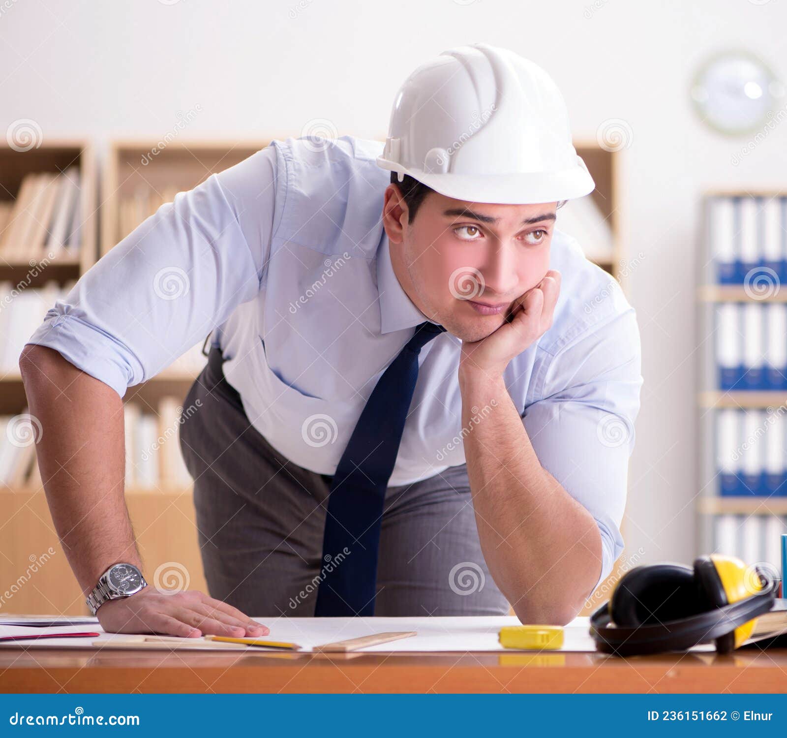 Engineer Supervisor Working on Drawings in the Office Stock Photo ...