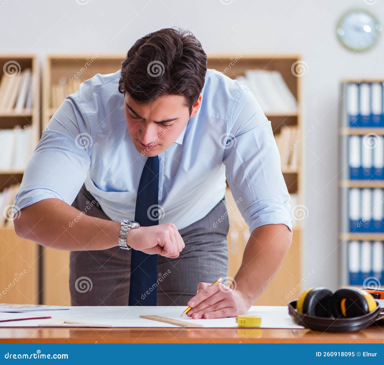 Engineer Supervisor Working on Drawings in the Office Stock Image ...