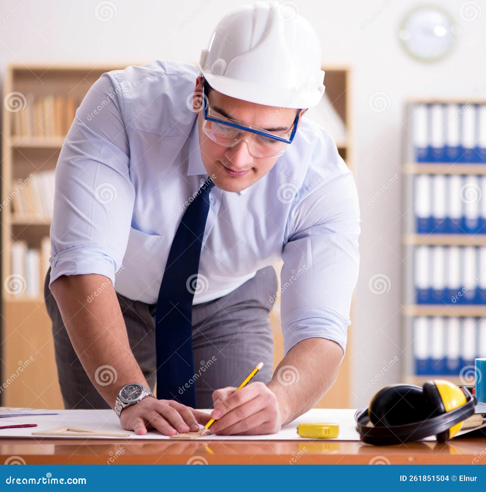 Engineer Supervisor Working on Drawings in the Office Stock Photo ...