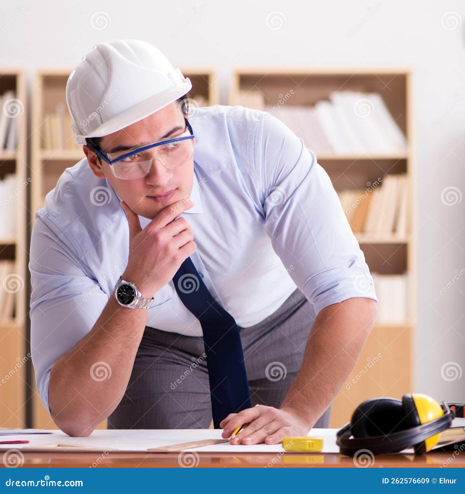 Engineer Supervisor Working on Drawings in the Office Stock Image ...
