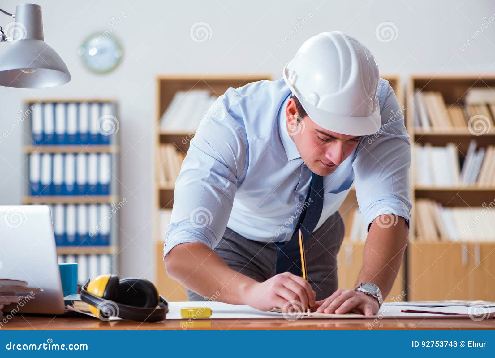 The Engineer Supervisor Working on Drawings in the Office Stock Image ...