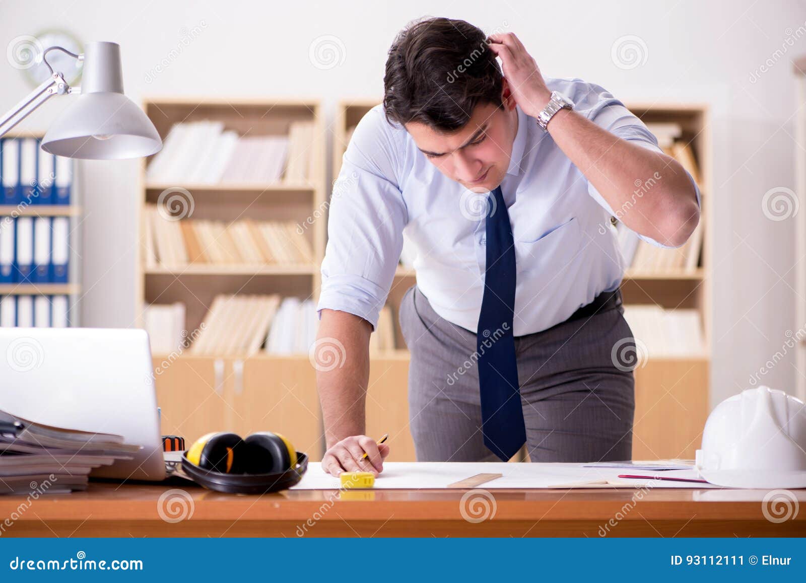 The Engineer Supervisor Working on Drawings in the Office Stock Image ...