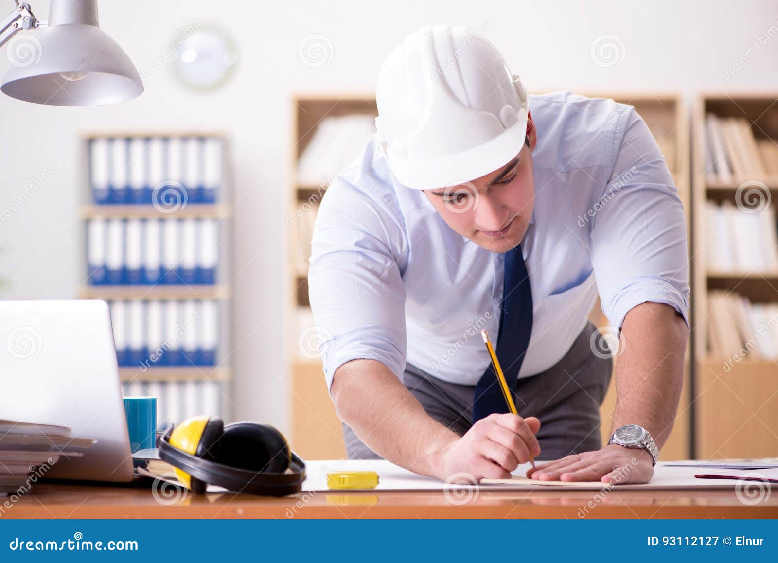 The Engineer Supervisor Working on Drawings in the Office Stock Image ...