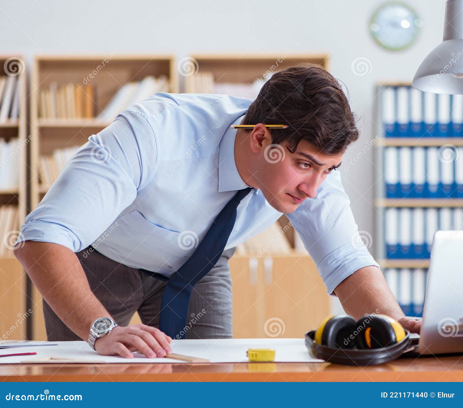 Engineer Supervisor Working on Drawings in the Office Stock Photo ...