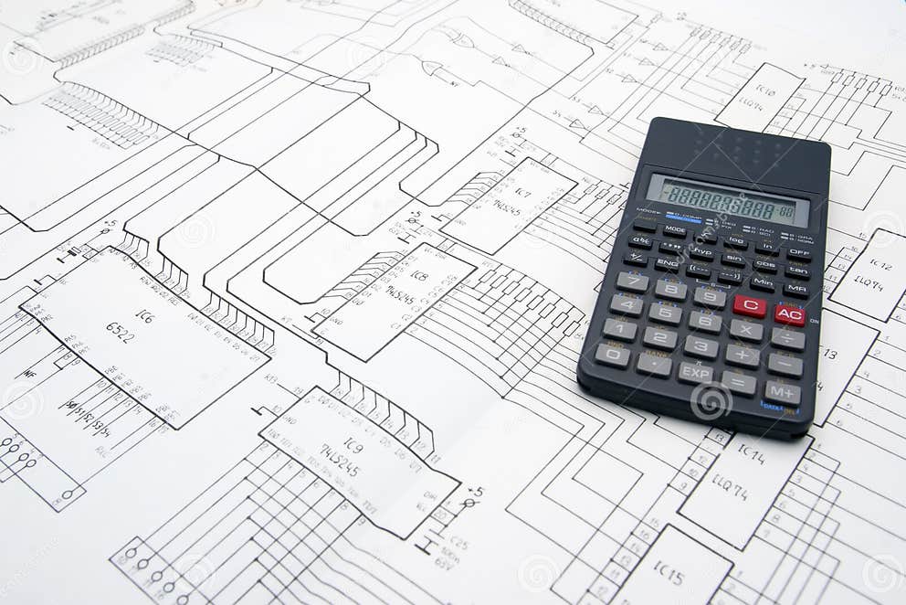 Engineer Table with Schematics and Calculator Stock Image - Image of ...