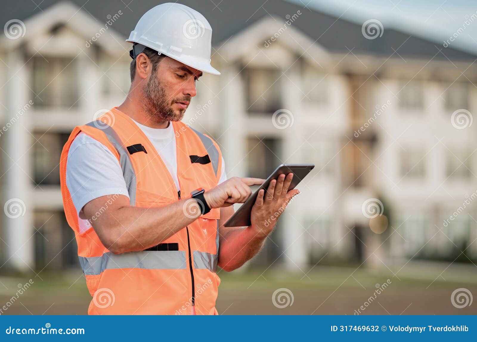 Engineer with Tablet, Building Inspection. Portrait of Builder Man ...