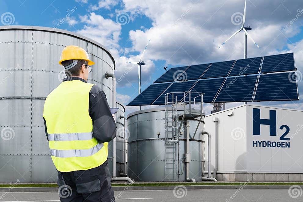 Engineer with Tablet Computer on a Background of Hydrogen Factory ...