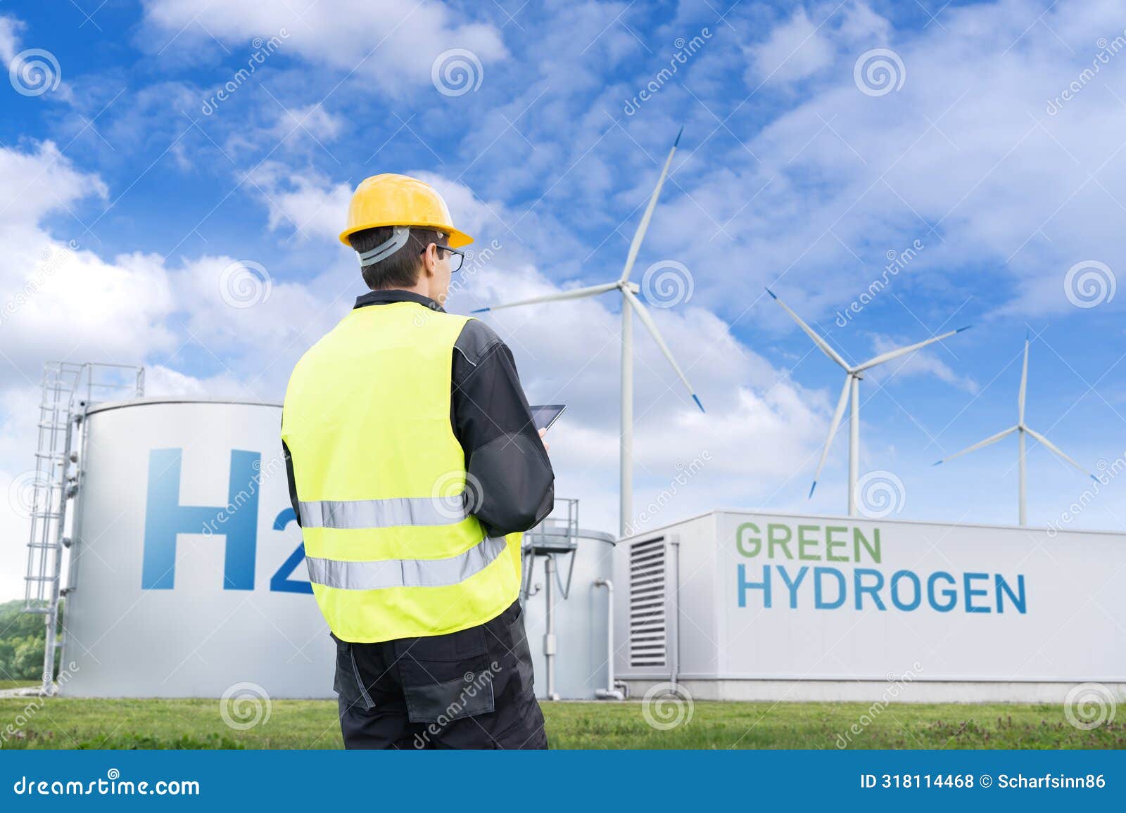 Engineer with Tablet Computer on a Background of Hydrogen Factory ...
