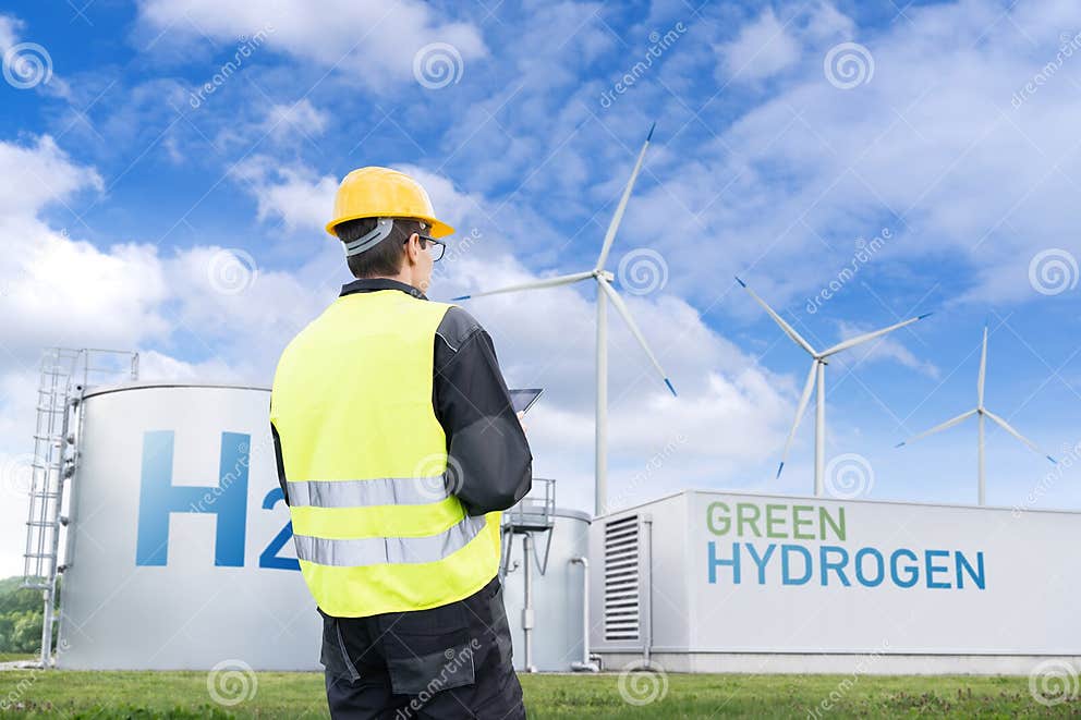 Engineer with Tablet Computer on a Background of Hydrogen Factory ...