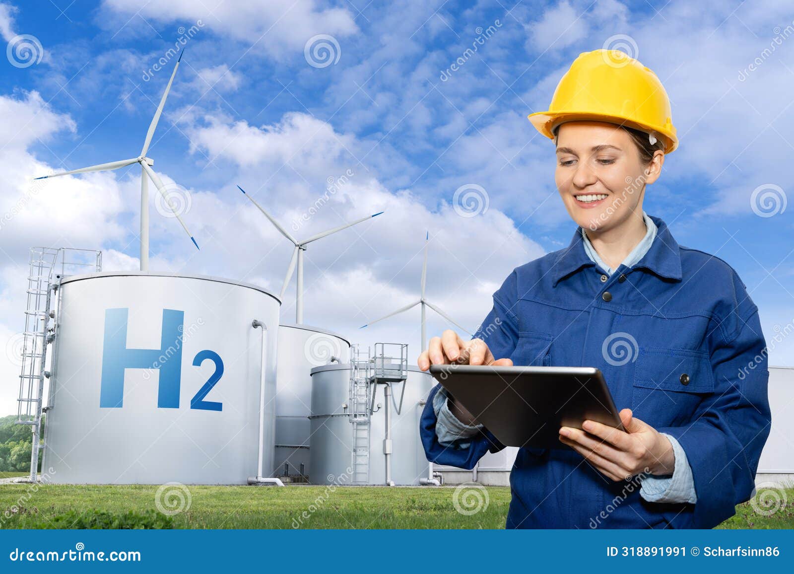 Engineer with Tablet Computer on a Background of Hydrogen Factory ...