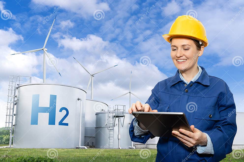 Engineer with Tablet Computer on a Background of Hydrogen Factory ...