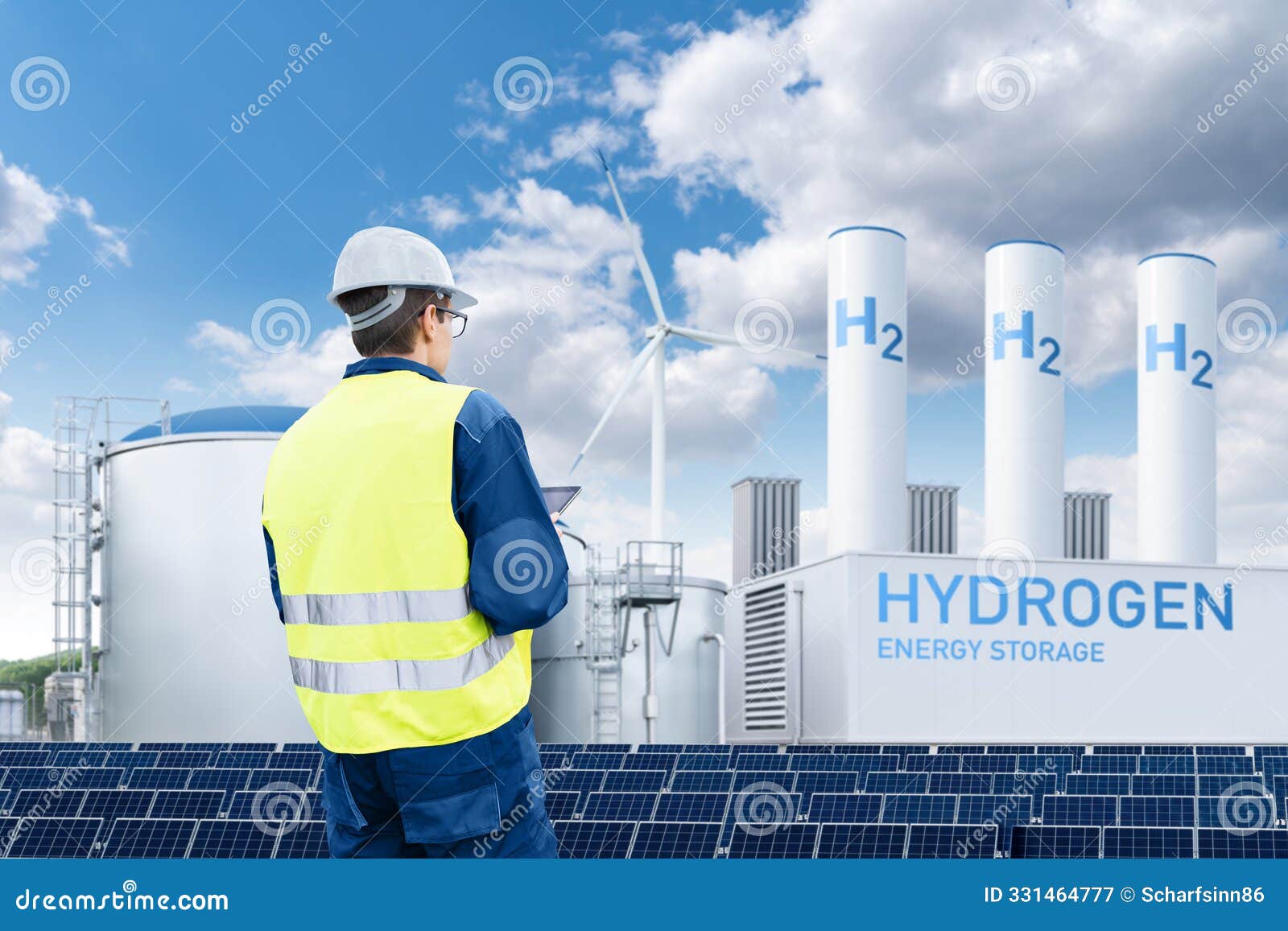 Engineer with Tablet Computer on a Background of Hydrogen Factory ...