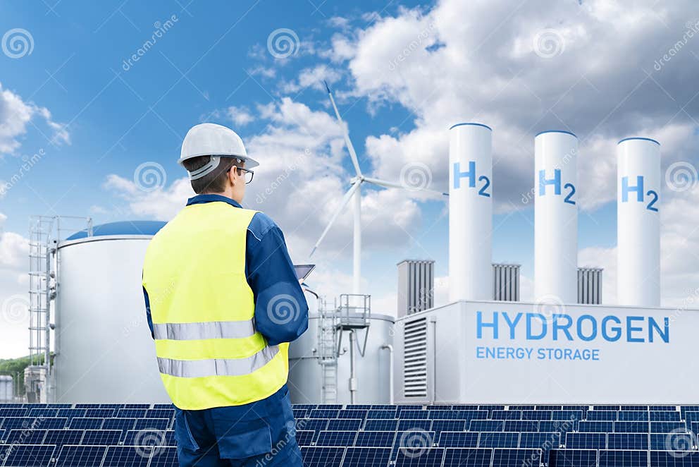 Engineer with Tablet Computer on a Background of Hydrogen Factory ...
