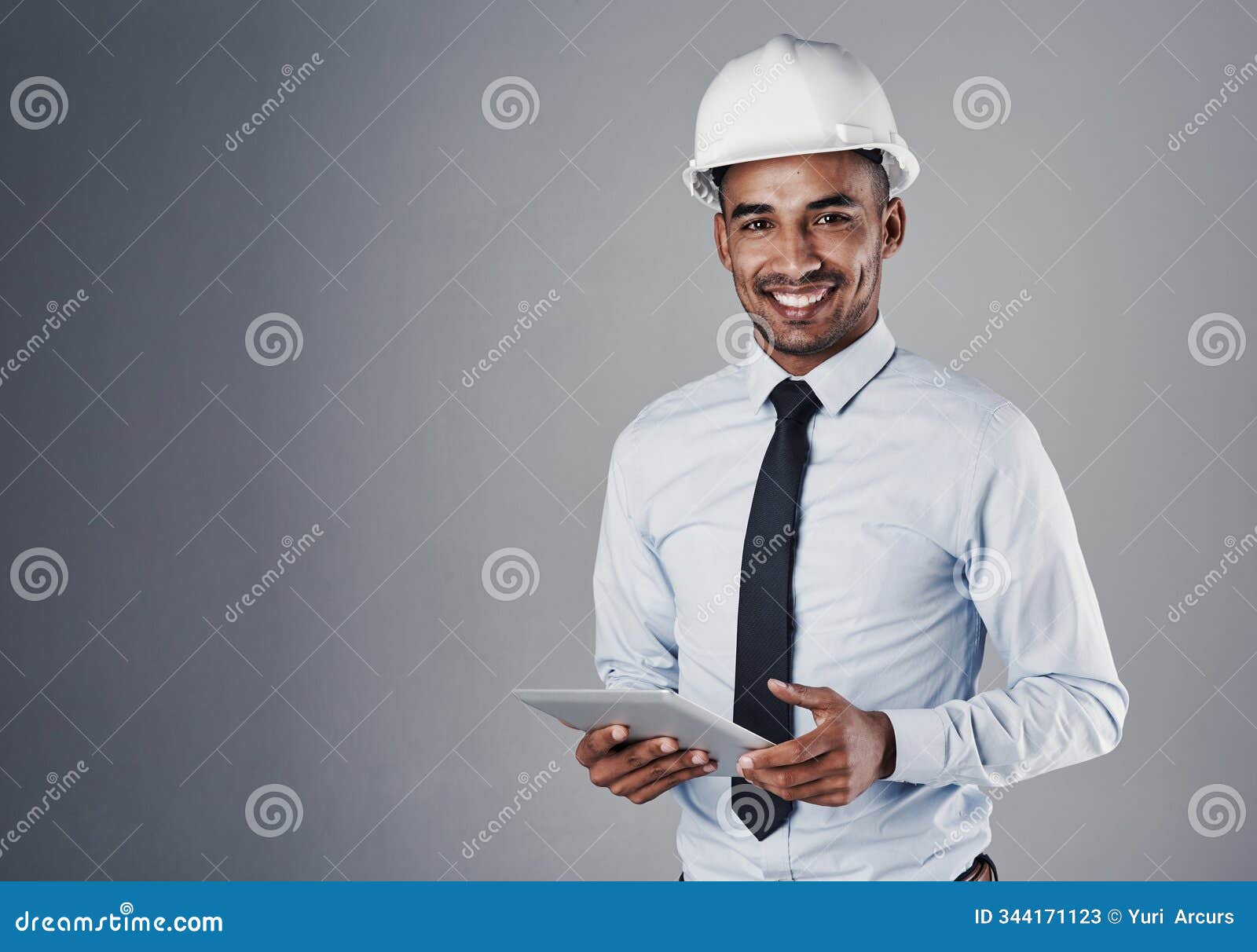 Engineer, Tablet and Portrait of Construction Worker with Research and ...