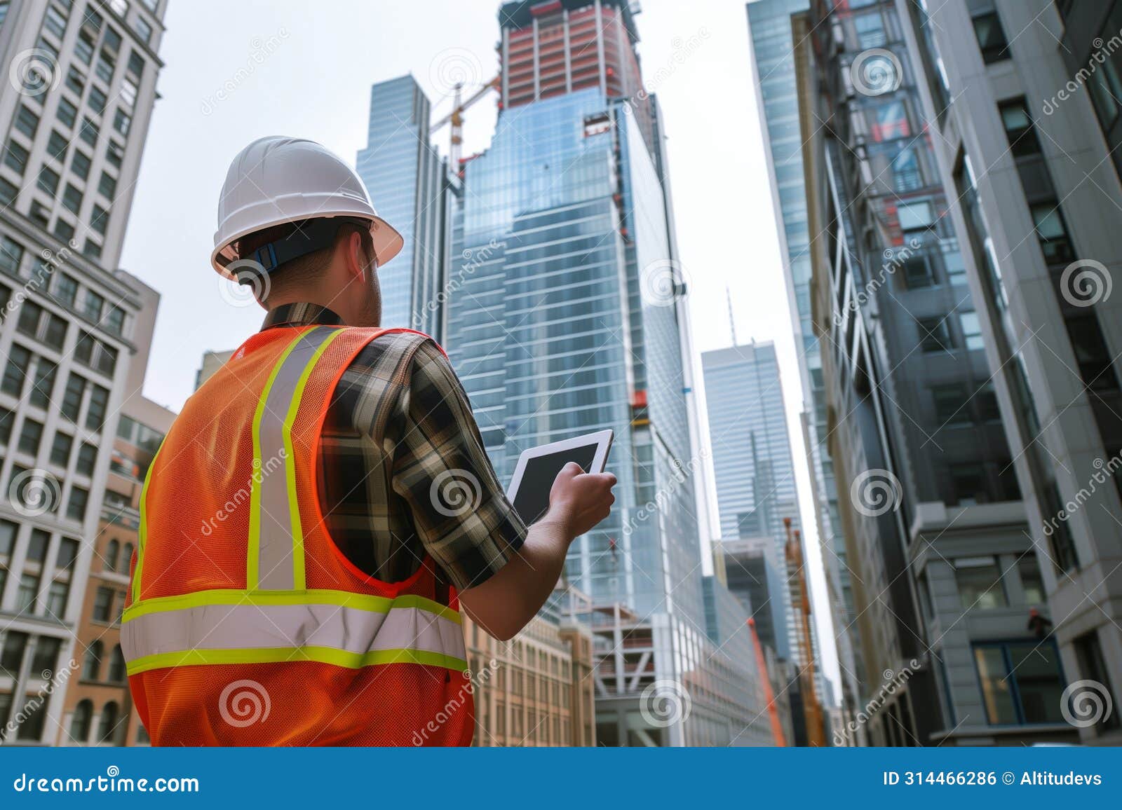 Engineer with Tablet Surveying Skyscraper Construction Progress Stock ...