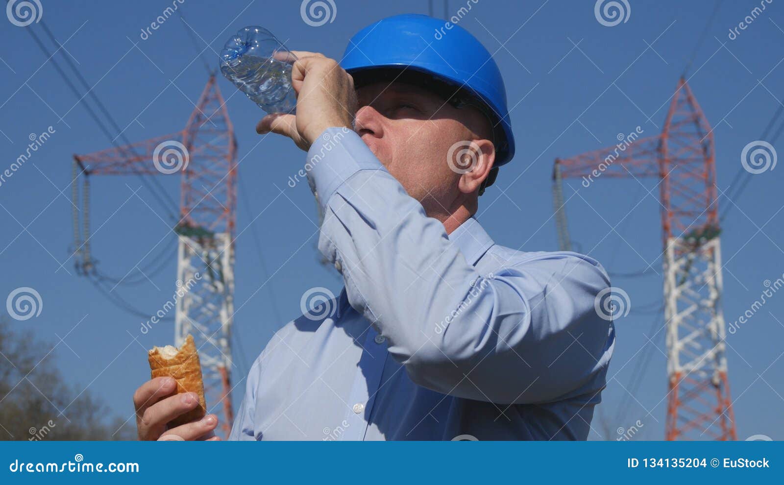 Engineer Take Breakfast at Work Eat a Snack and Drink Fresh Water Stock ...