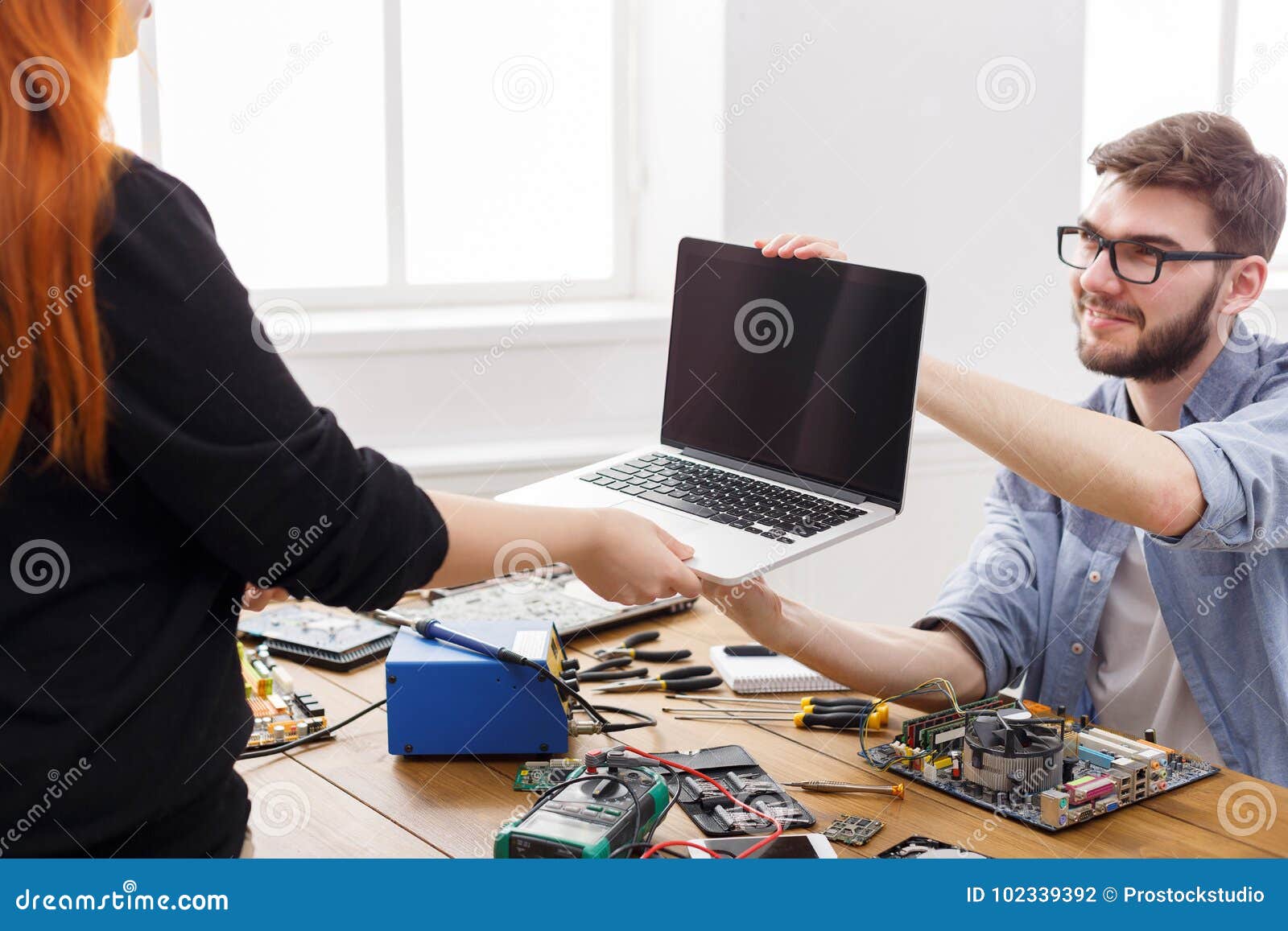 Engineer Taking Broken Laptop from Client Stock Photo - Image of accept ...
