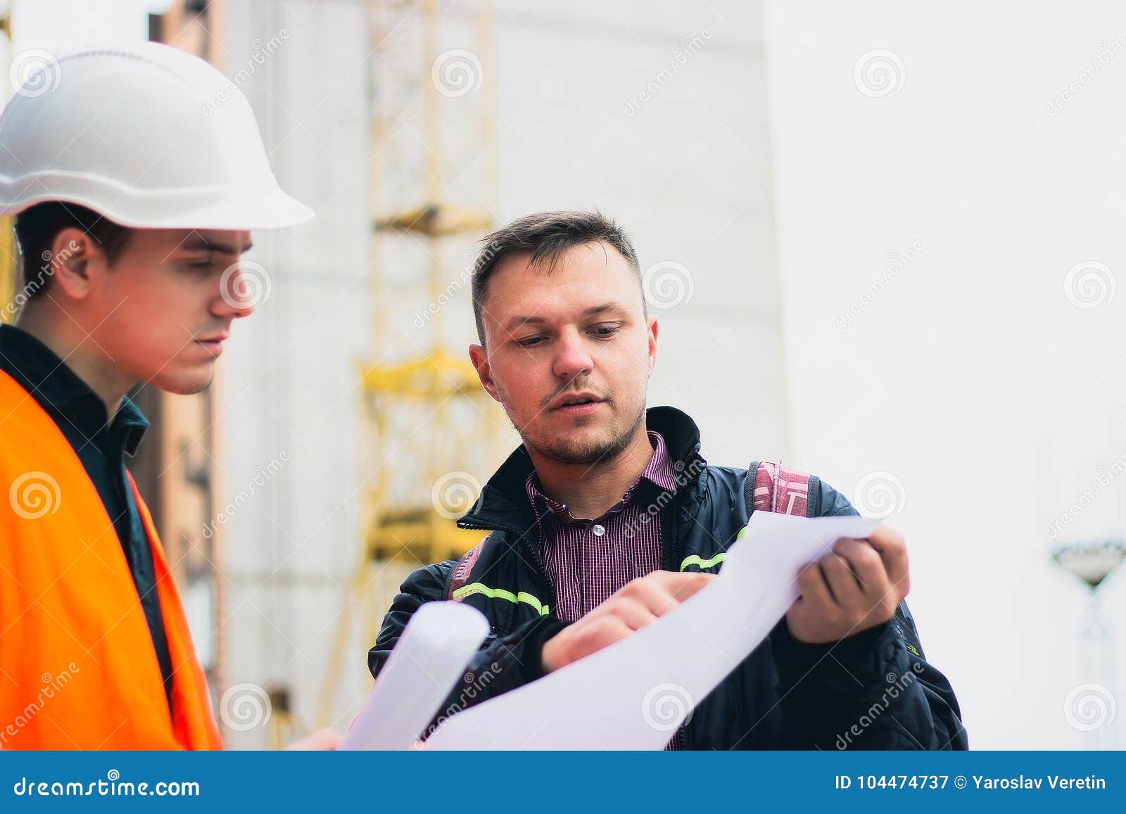 Engineer Talking Discussing with Architect Working with Blueprints for ...