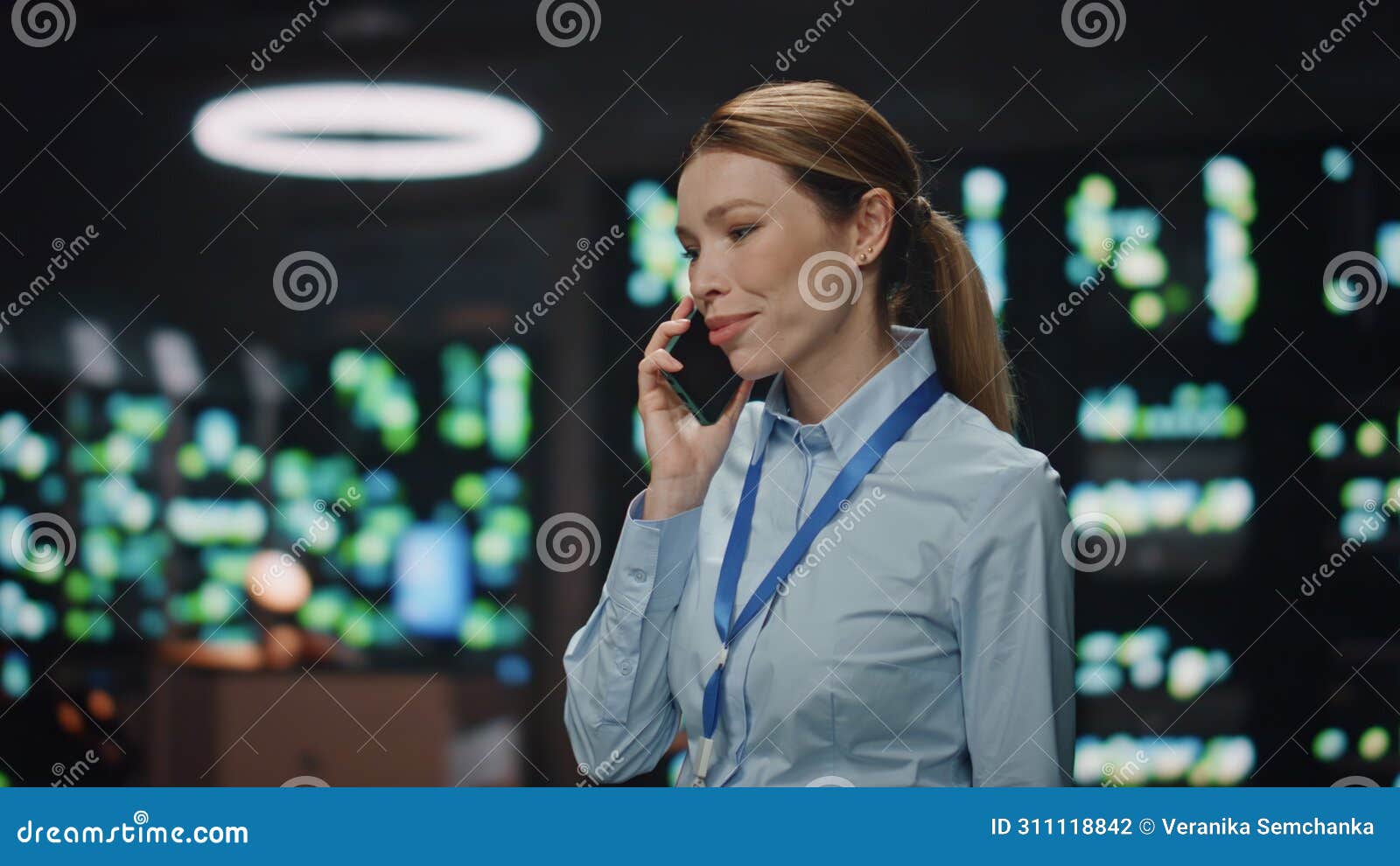 It Engineer Talking Smartphone Upgrading Hardware in Rack Server Room ...