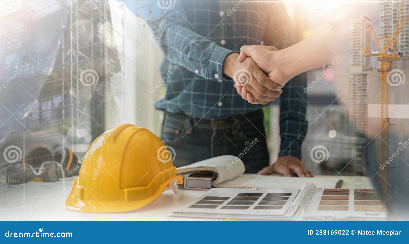 Engineer Team Hardhat Yellow Standing Handshake. Construction Engineer ...