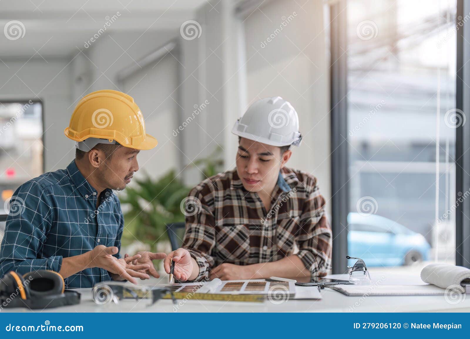 Engineer Team Meeting Use of Blueprints, Construction Drawings and ...