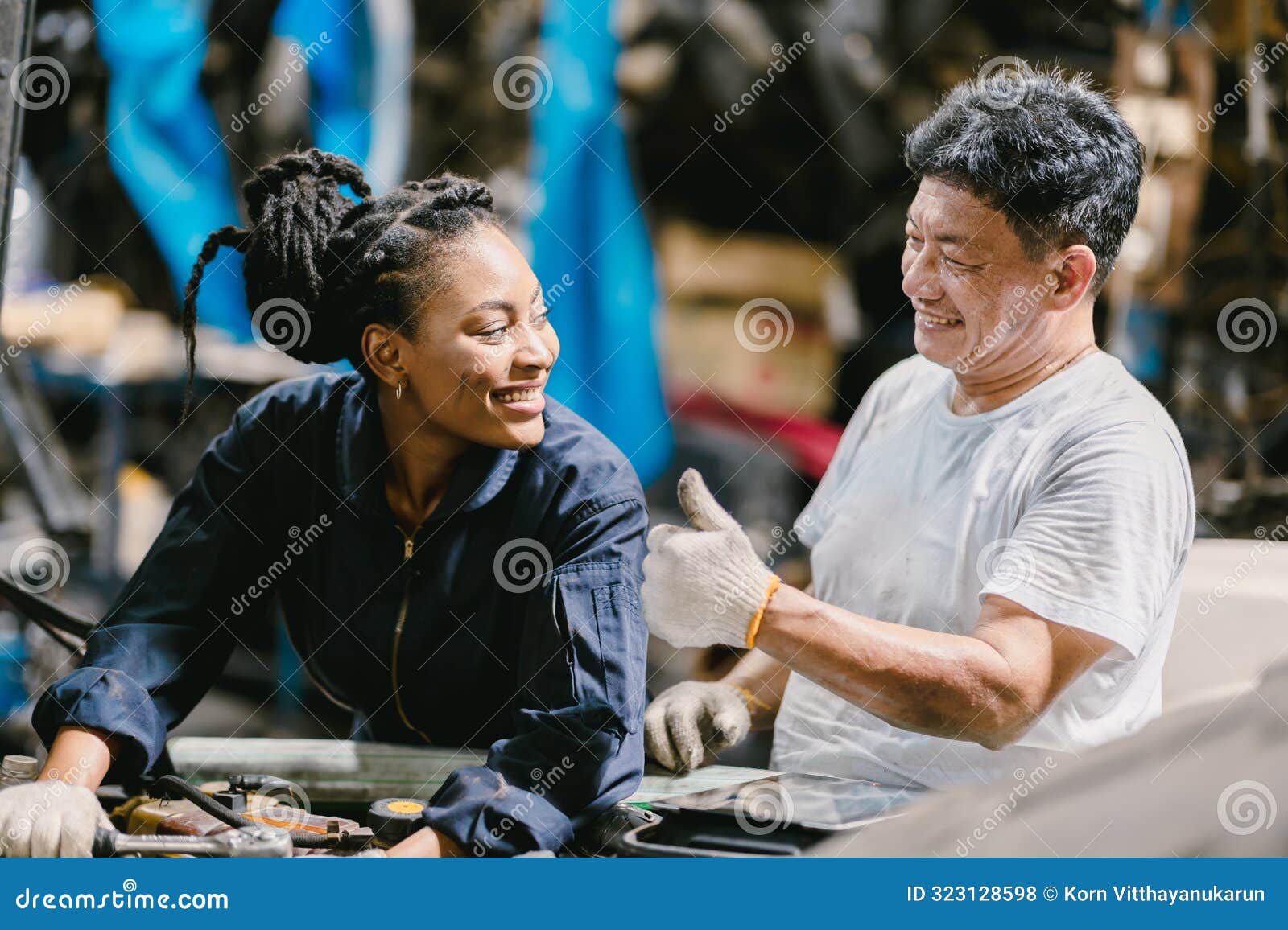 Engineer Team Working Together Helping Fix Service Broken Car. Women ...
