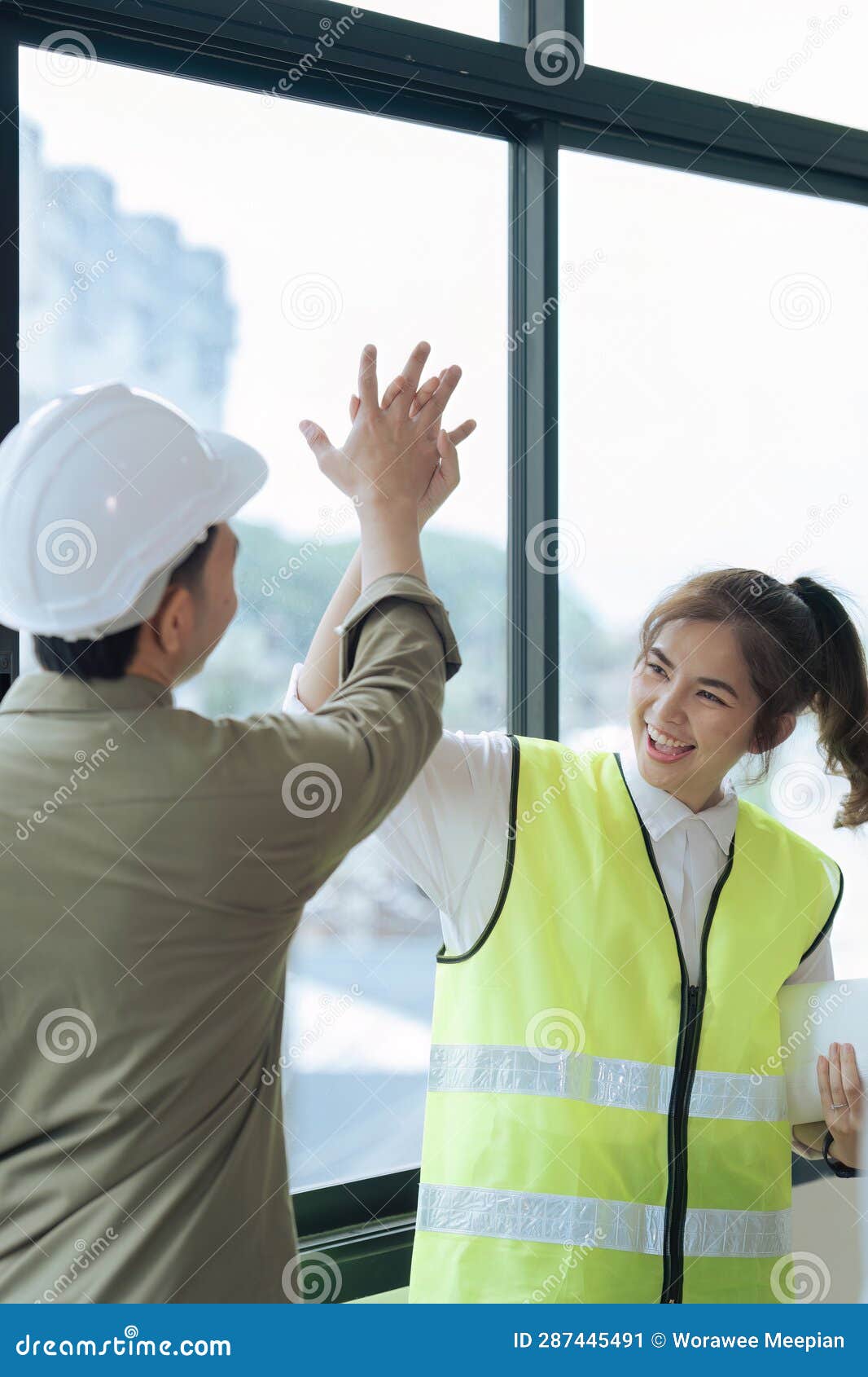 Engineer Teamwork and Architect Working and High Five for Successful ...