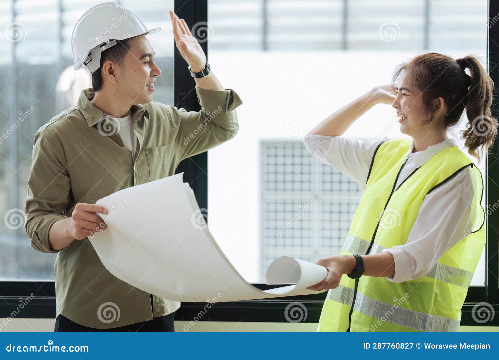Engineer Teamwork and Architect Working and High Five for Successful ...