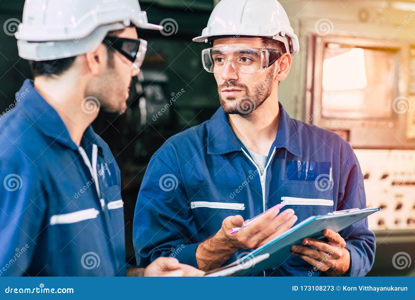 Engineer Teamwork Cooperate with Worker To Checking Factory Machine for ...