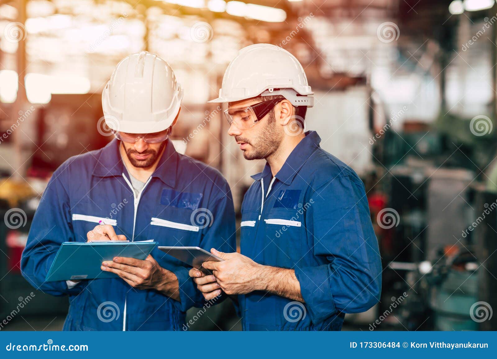 Engineer Teamwork Cooperate with Worker To Checking Factory Machine for ...