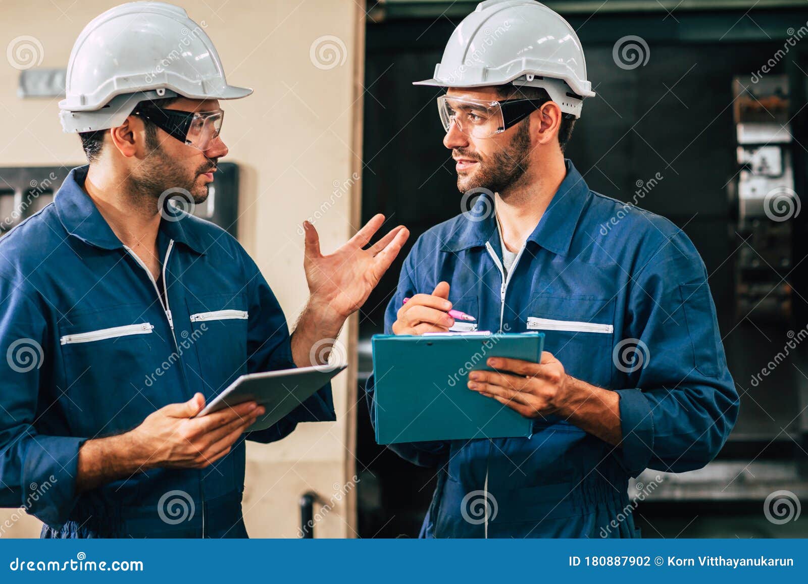 Engineer Teamwork Cooperate with Worker To Checking Factory Machine for ...