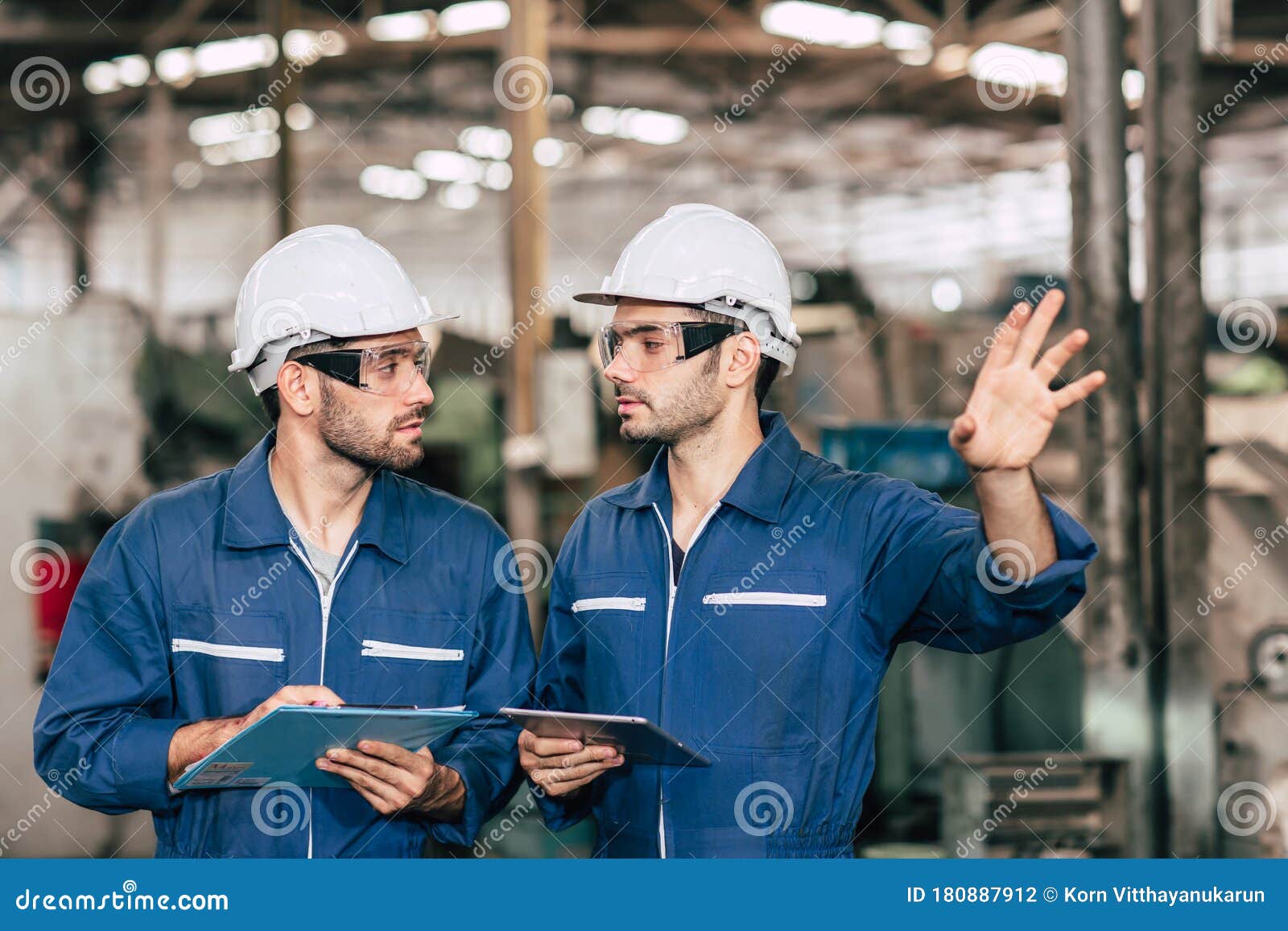 Engineer Teamwork Cooperate with Worker To Checking Factory Machine for ...