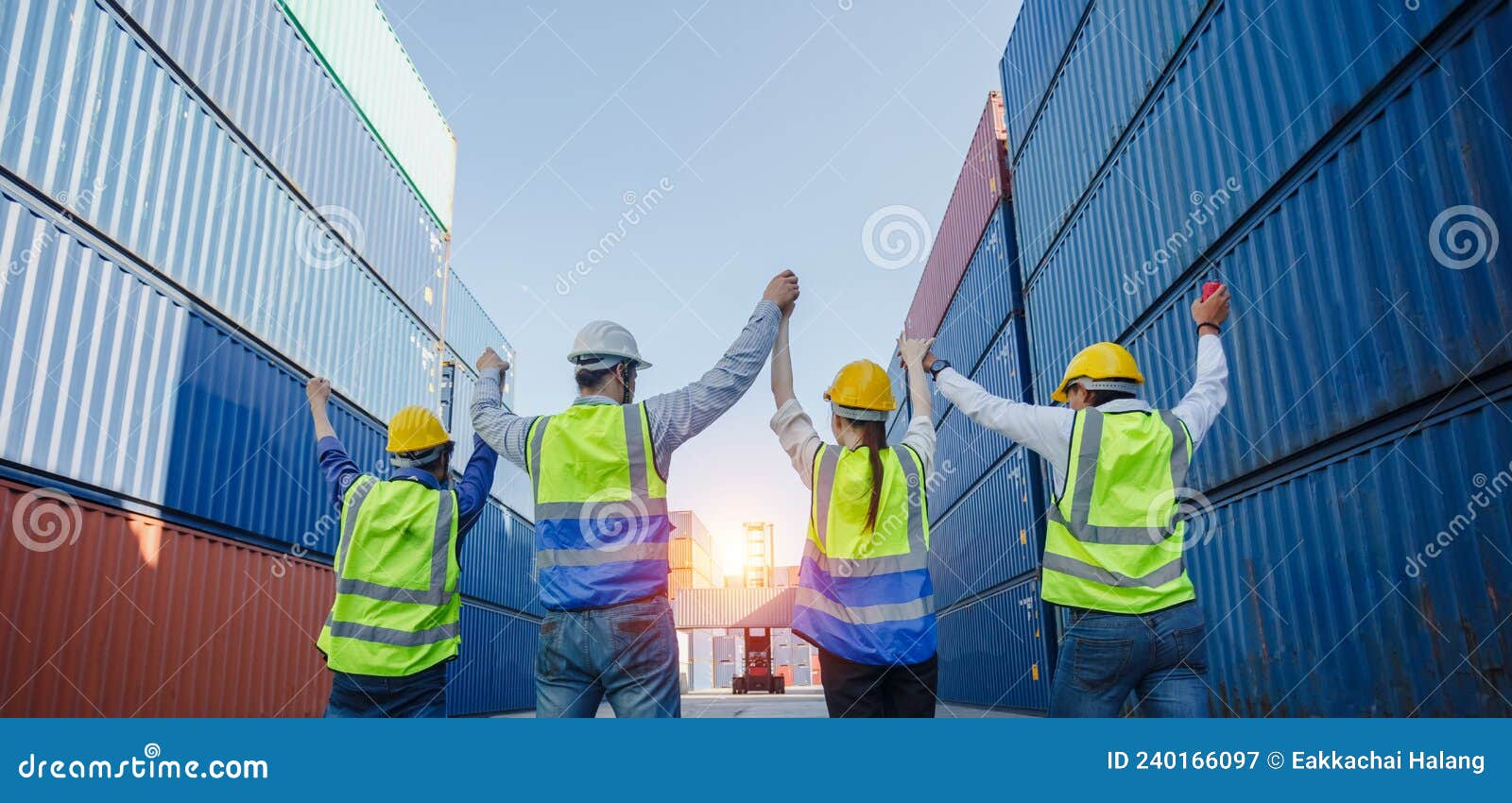 Engineer Teamwork Hand Up At Container Cargo Team Of Engineering