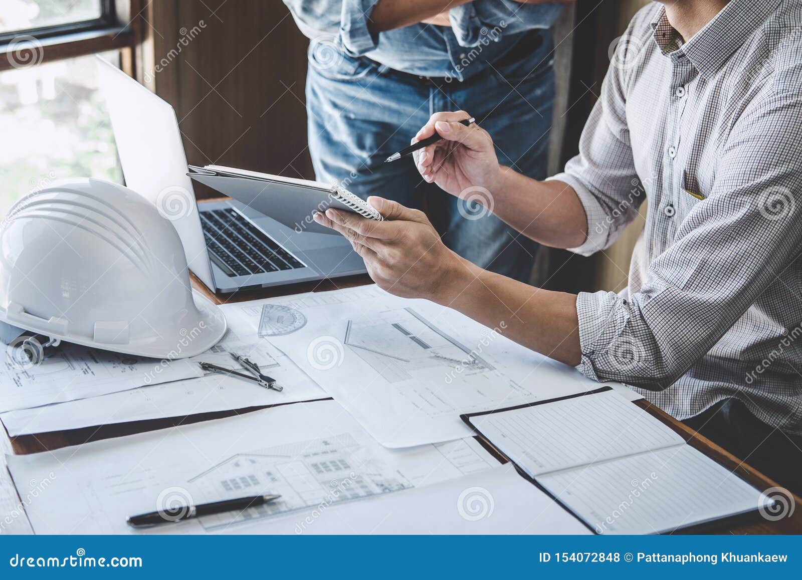 Engineer Teamwork Meeting, Drawing Working on Blueprint Meeting for ...