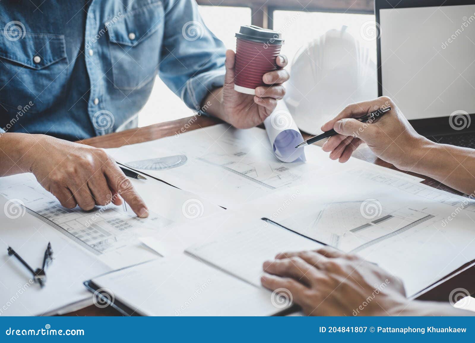 Engineer Teamwork Meeting, Drawing Working on Blueprint Meeting for ...