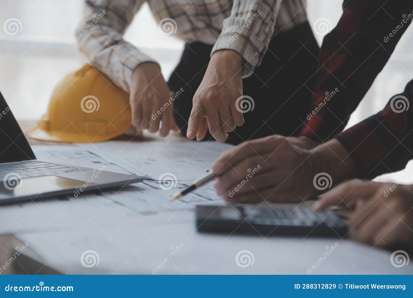 Engineer Teamwork Meeting, Drawing Working on Blueprint Meeting for ...