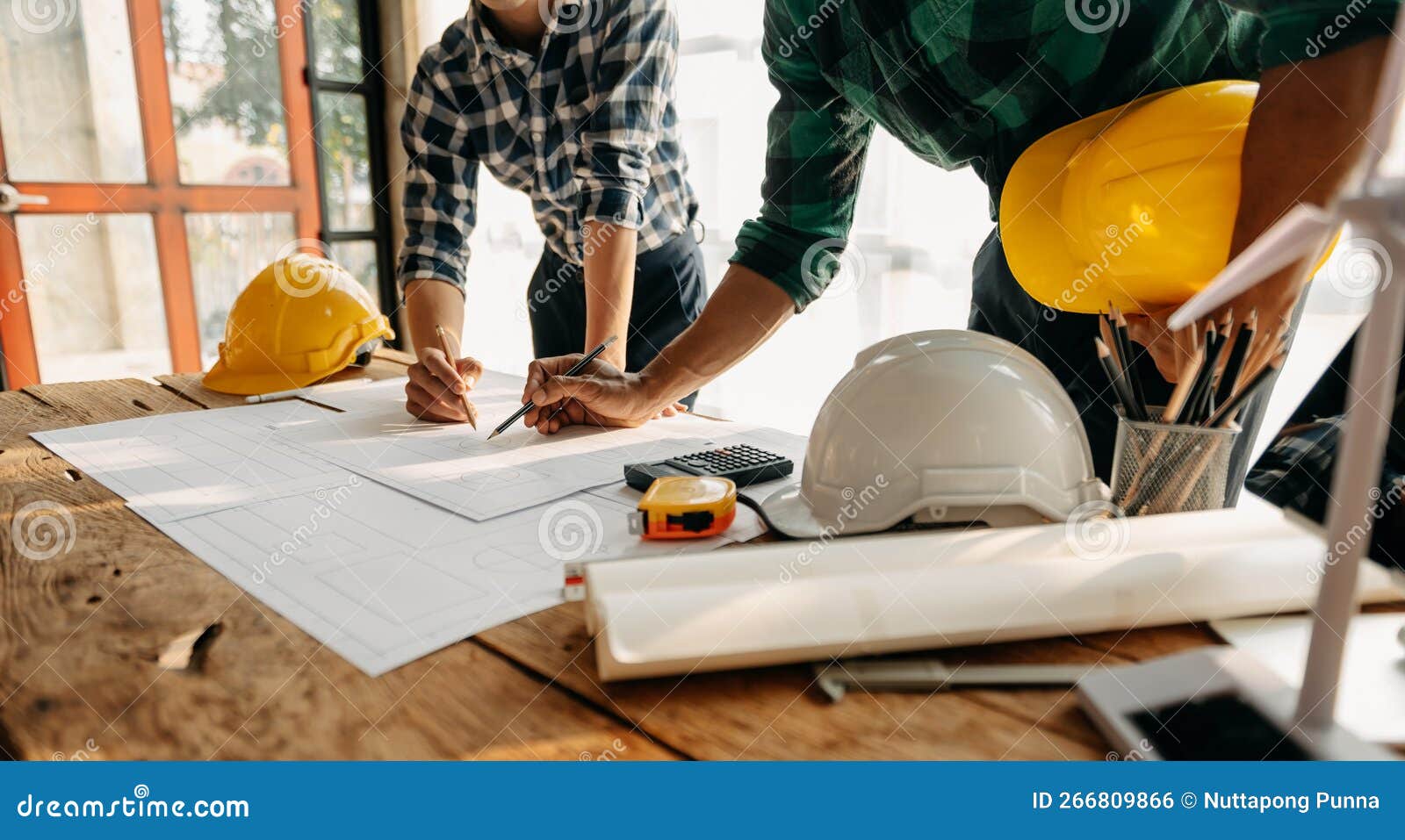 Engineer Teamwork Meeting, Drawing Working on Blueprint Meeting for ...