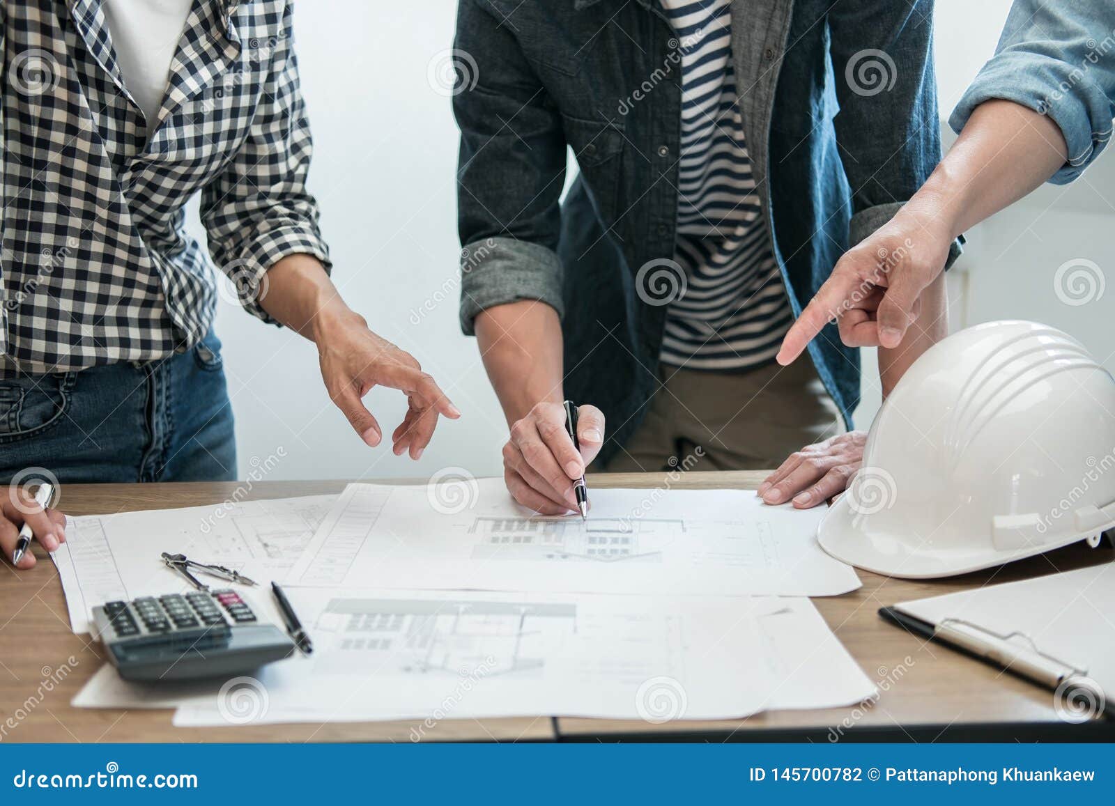 Engineer Teamwork Meeting, Drawing Working on Blueprint Meeting for ...