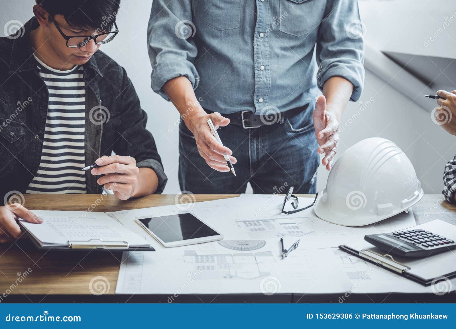 Engineer Teamwork Meeting, Drawing Working on Blueprint Meeting for ...