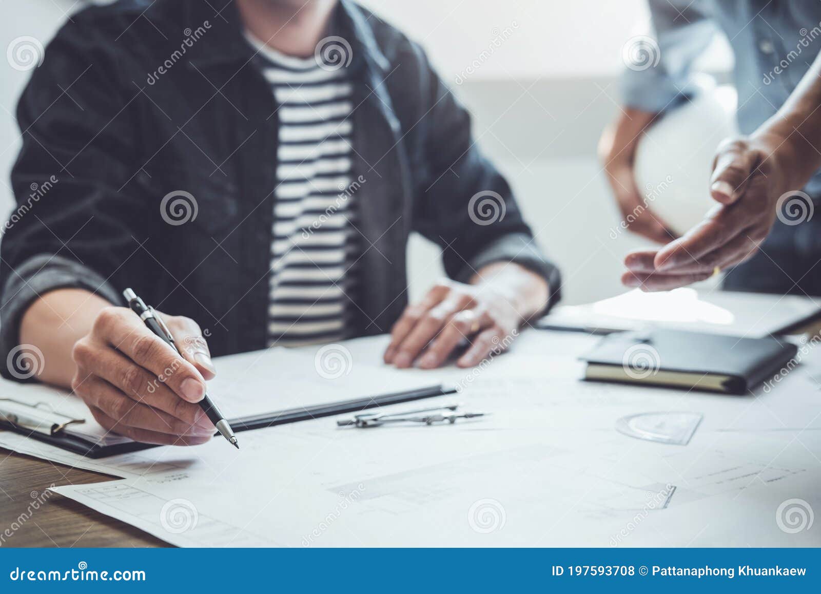 Engineer Teamwork Meeting, Drawing Working on Blueprint Meeting for ...