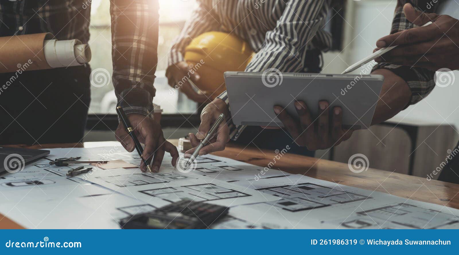 Engineer Teamwork Meeting, Drawing Working on Blueprint Meeting for ...