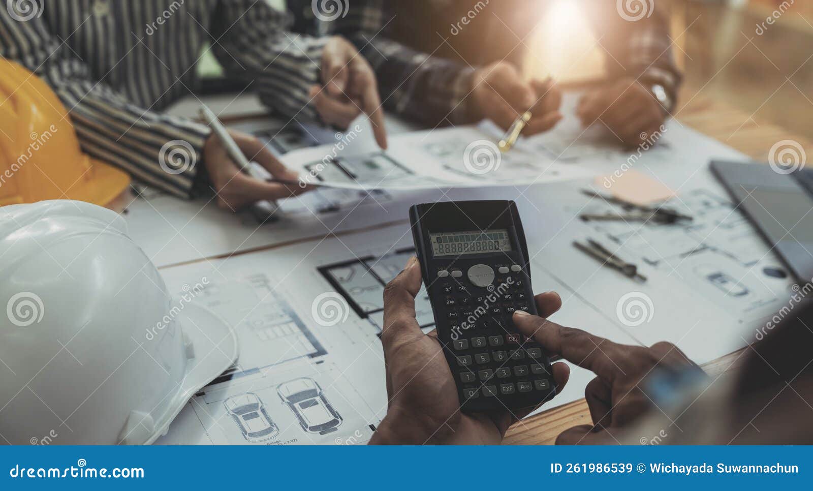 Engineer Teamwork Meeting, Drawing Working on Blueprint Meeting for ...