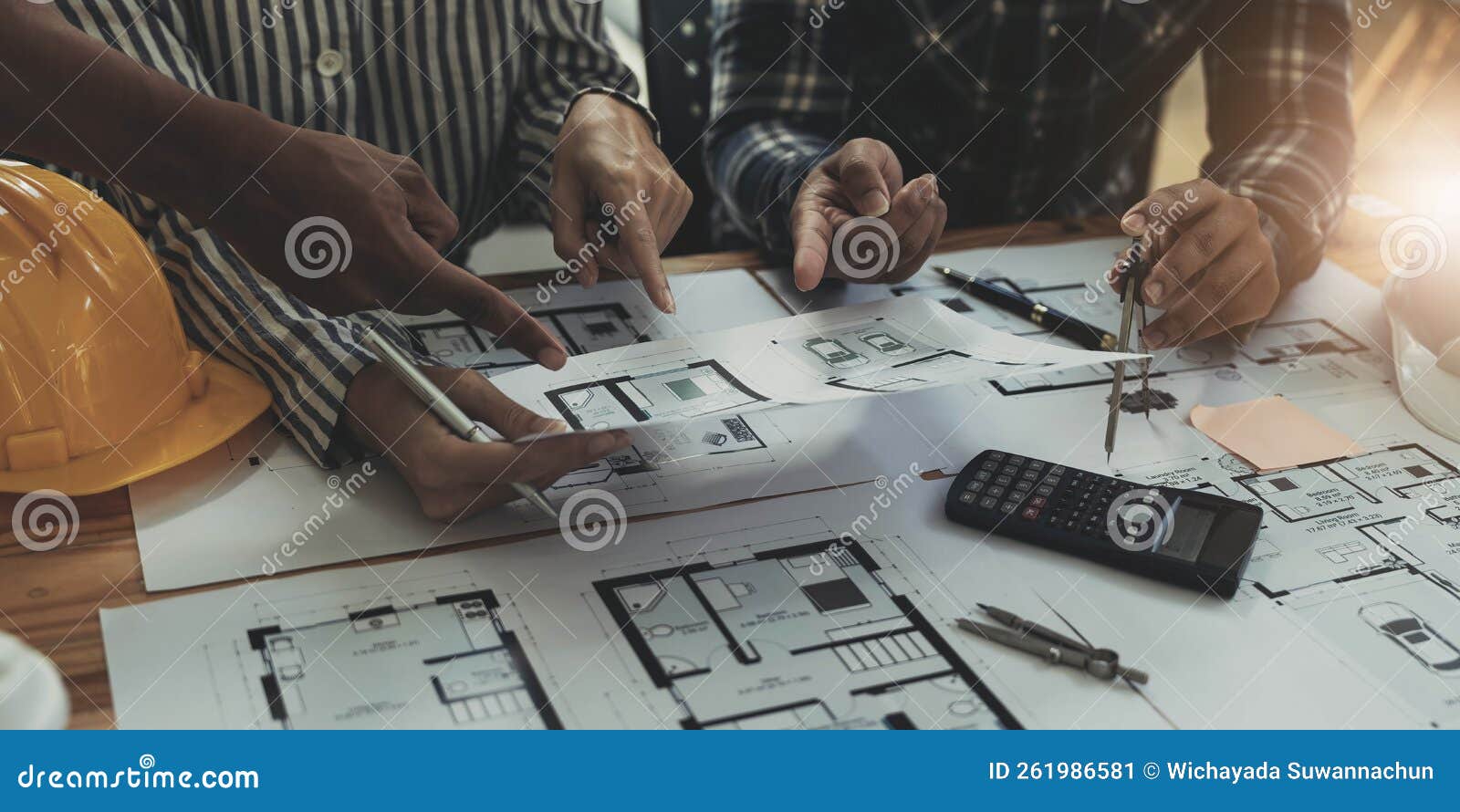 Engineer Teamwork Meeting, Drawing Working on Blueprint Meeting for ...