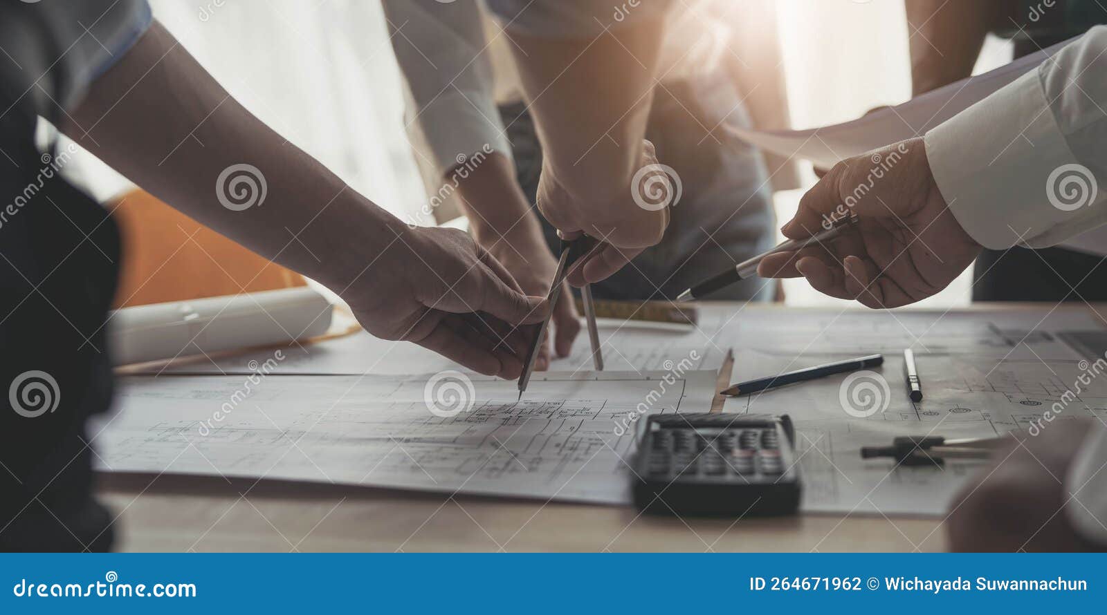 Engineer Teamwork Meeting, Drawing Working on Blueprint Meeting for ...