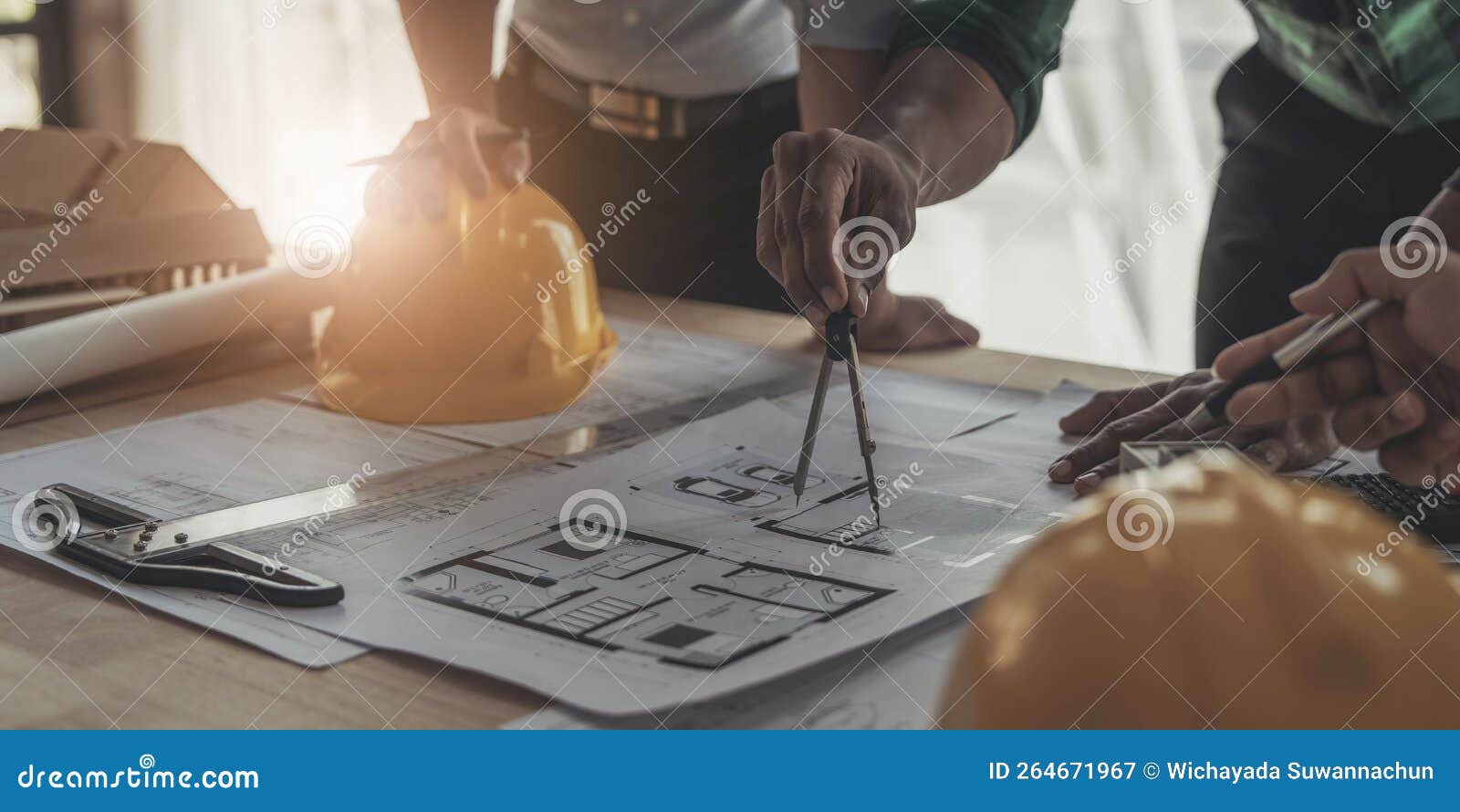 Engineer Teamwork Meeting, Drawing Working on Blueprint Meeting for ...